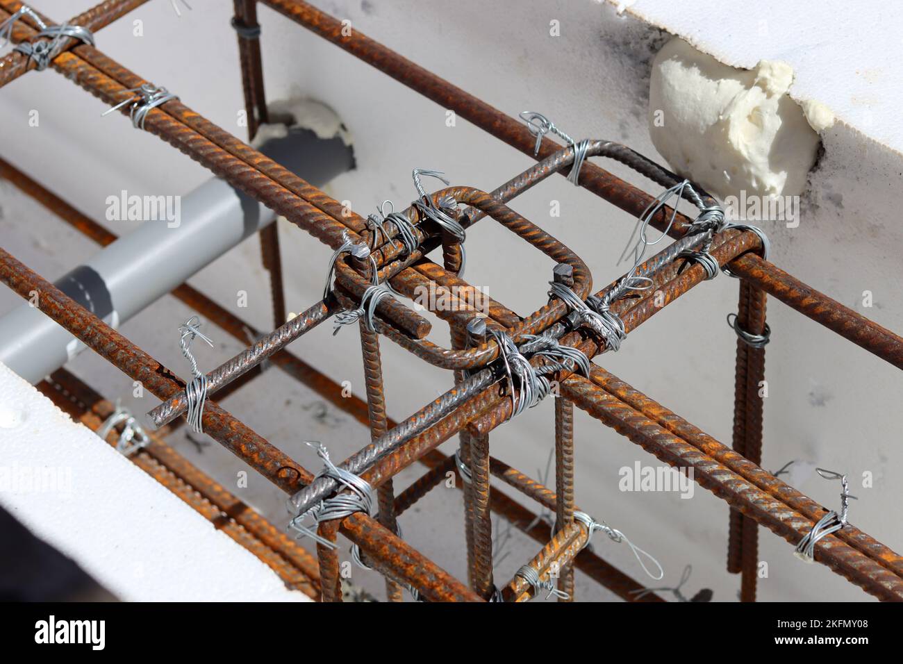Reinforcement steel frame close up photo. Construction project in ...