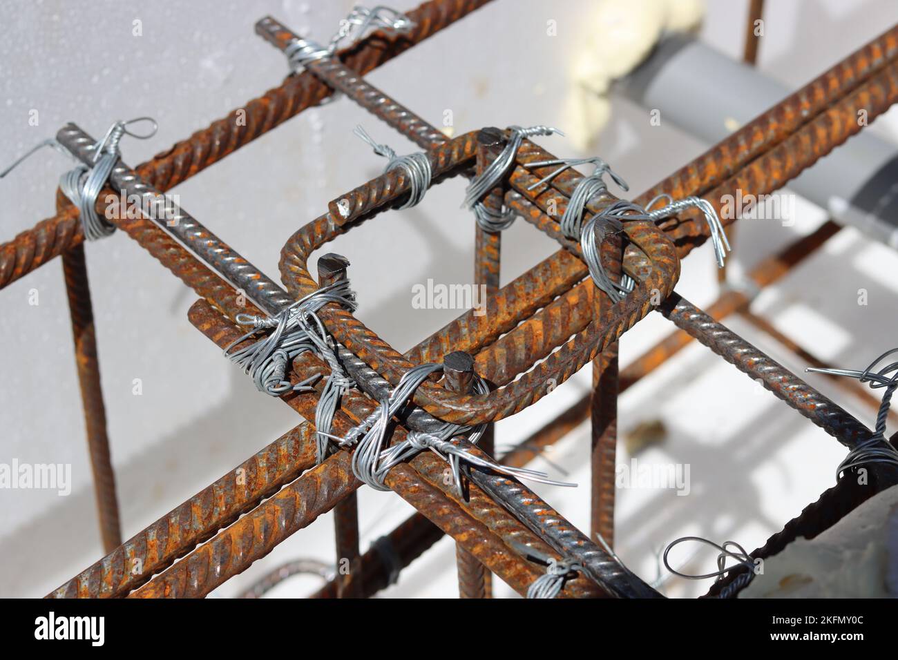 Reinforcement steel frame close up photo. Construction project in ...