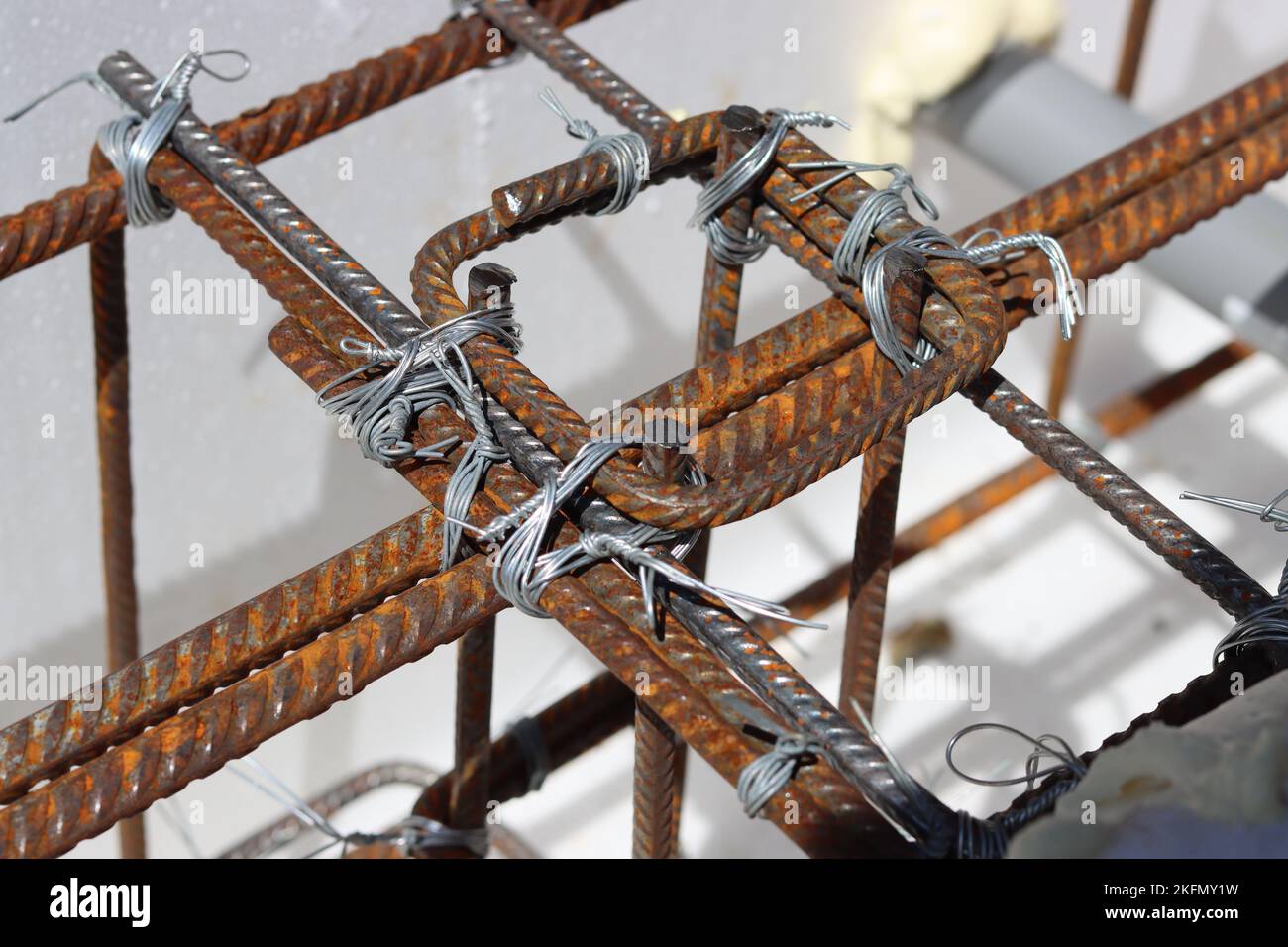 Reinforcement steel frame close up photo. Construction project in ...