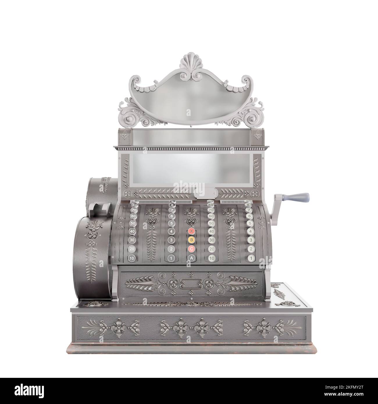 A frontal view of 3D-rendered vintage cash register on isolated white ...