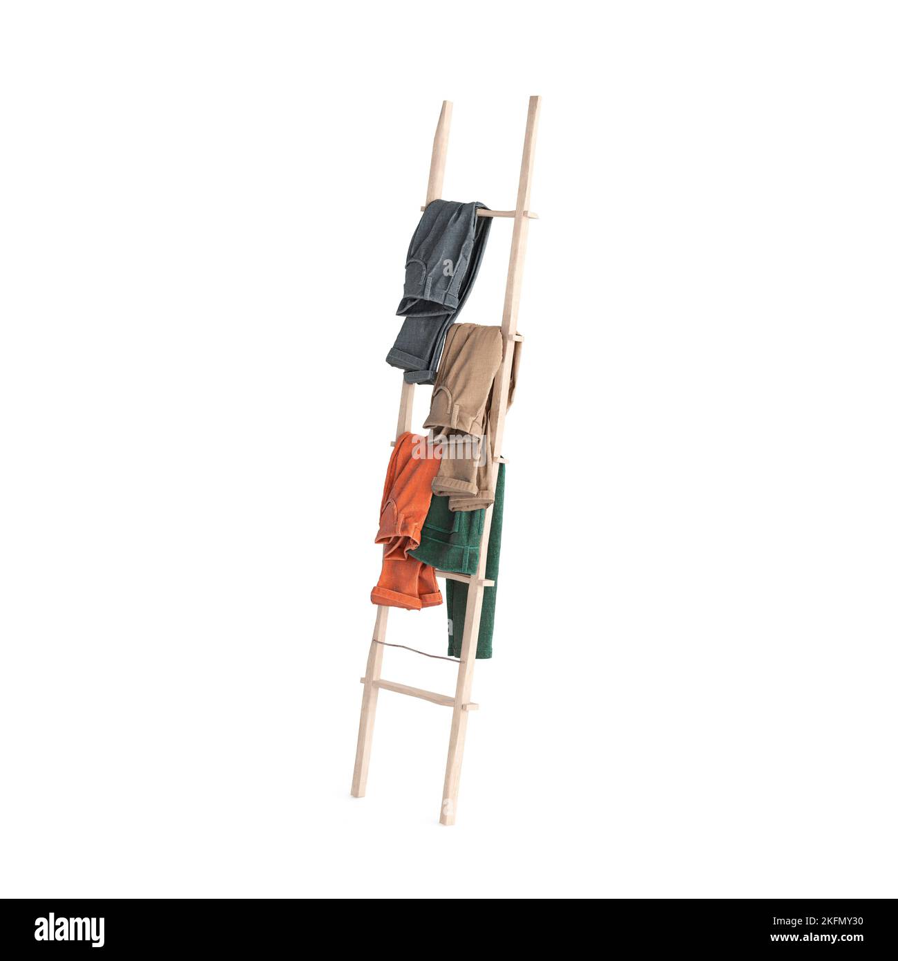 A slant view of a 3d-rendered ladder with clothes against a white ...