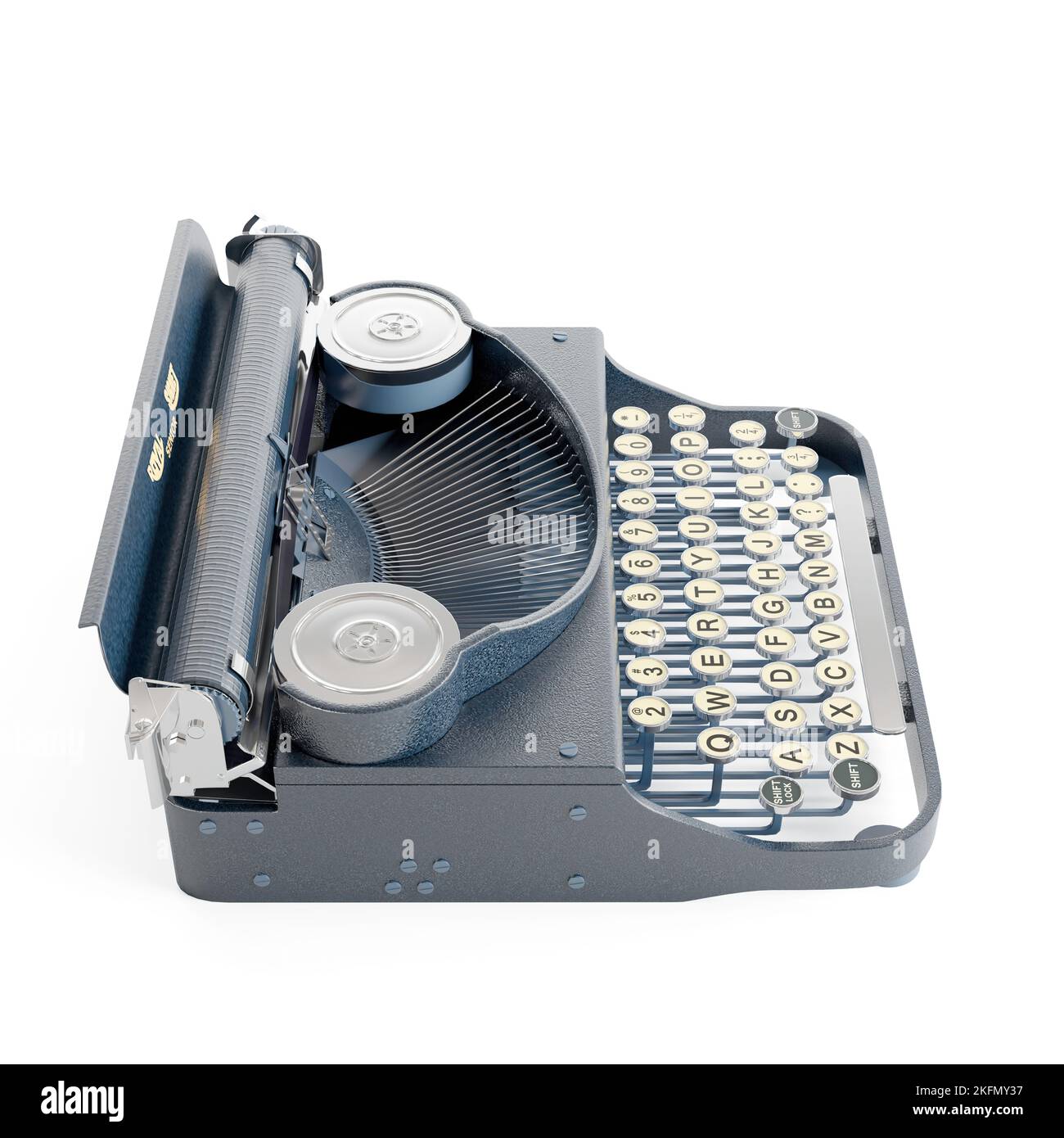 A side view of a 3d-rendered portable vintage typewriter against a ...