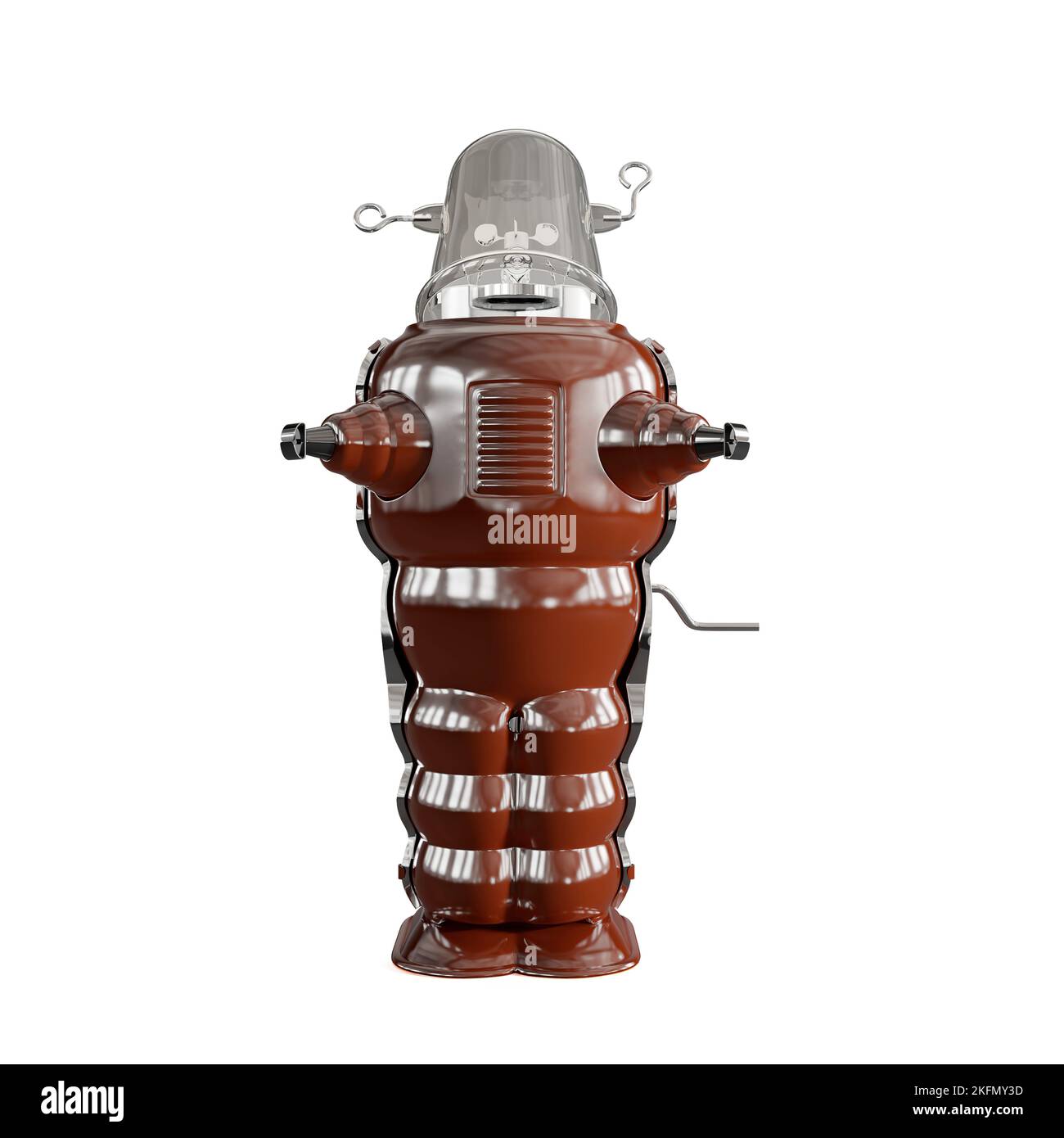 A front view of a 3d-rendered red retro toy robot against a white ...