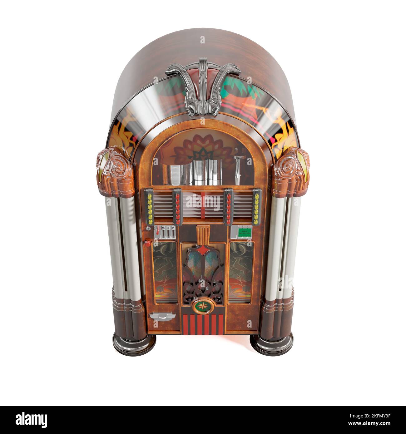 A front view of a 3d-rendered vintage wooden jukebox against a white ...