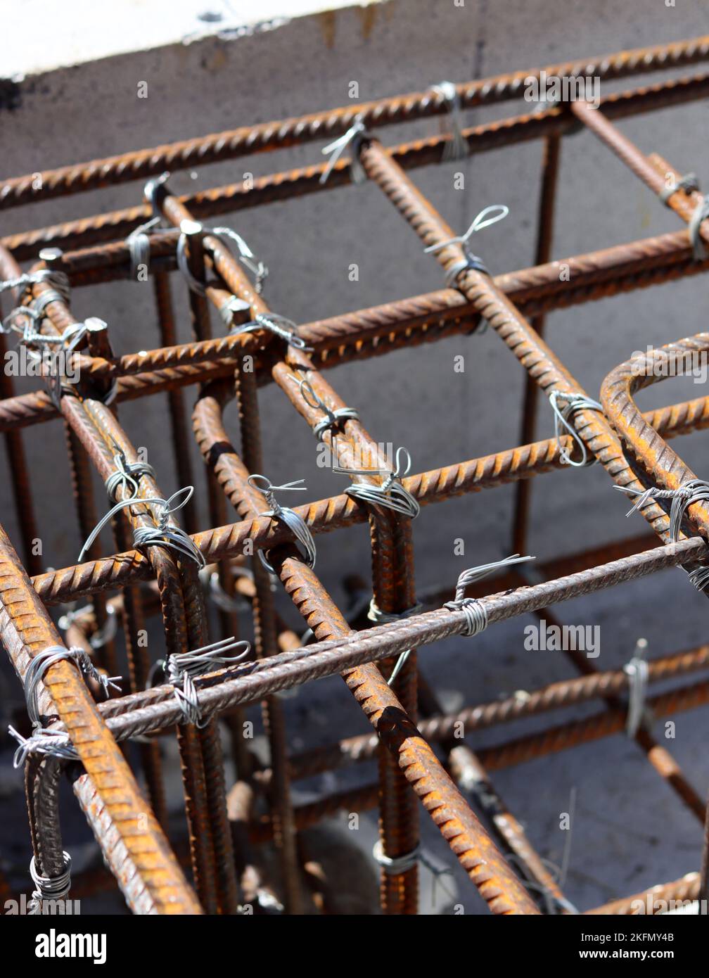 Reinforcement steel frame close up photo. Construction project in ...