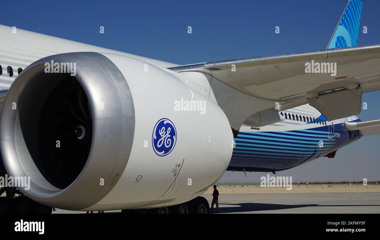 A close-up of the turbine engine of Boeing 777X being displayed at ...