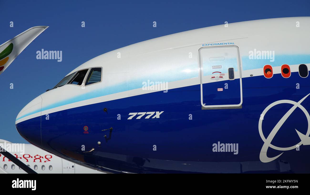 A close-up of the nose of Boeing 777X being displayed at Dubai Airshow ...
