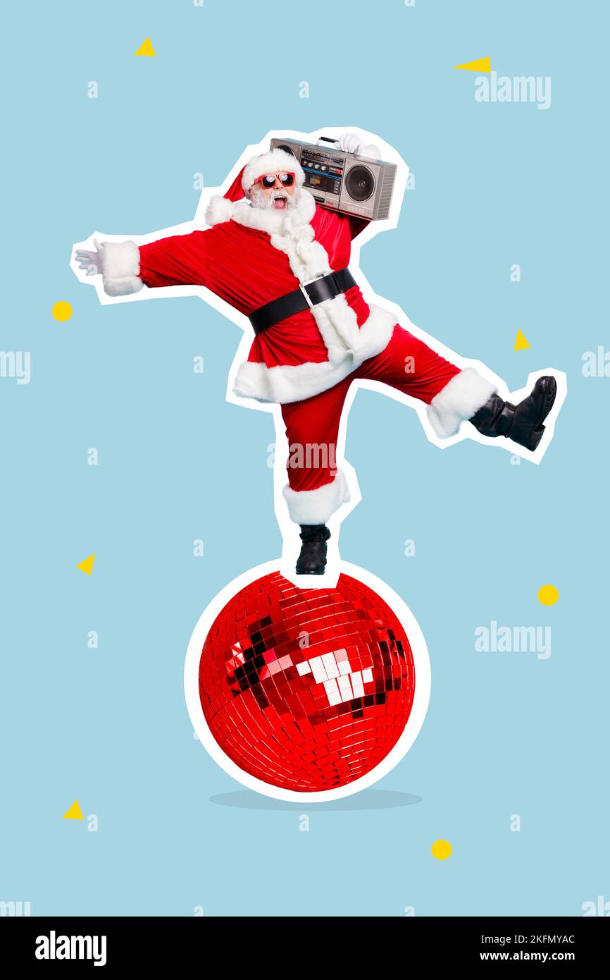 Vertical collage portrait of overjoyed positive aged santa carry ...