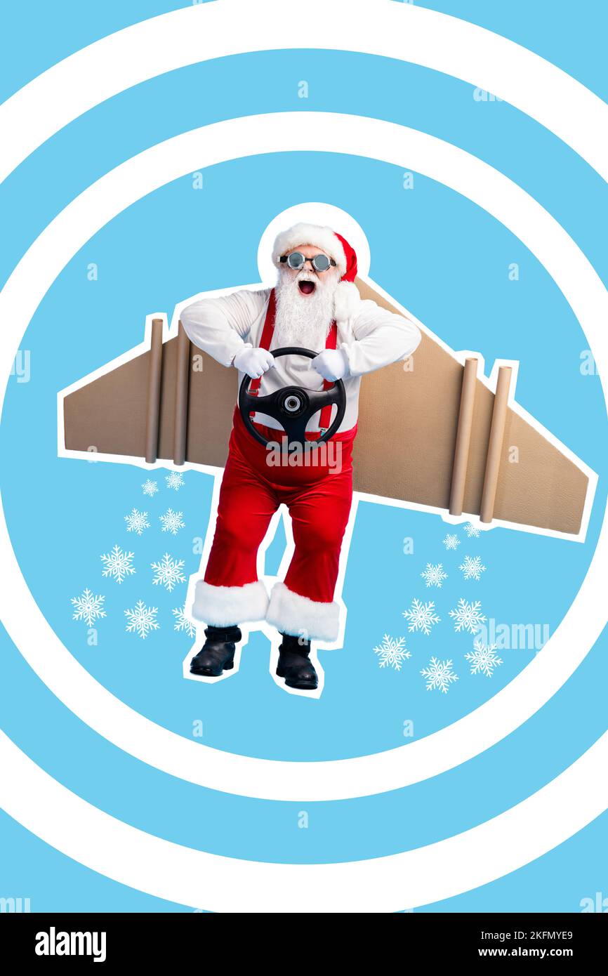 Vertical collage picture of funky aged santa hands hold wheel flying ...