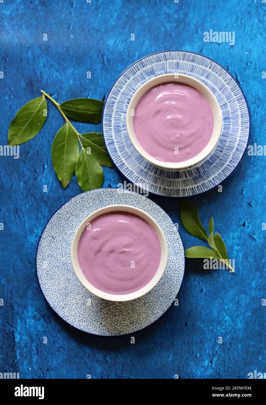 Bowl with yogurt close up photo. Non-dairy blueberry yogurt on a table ...
