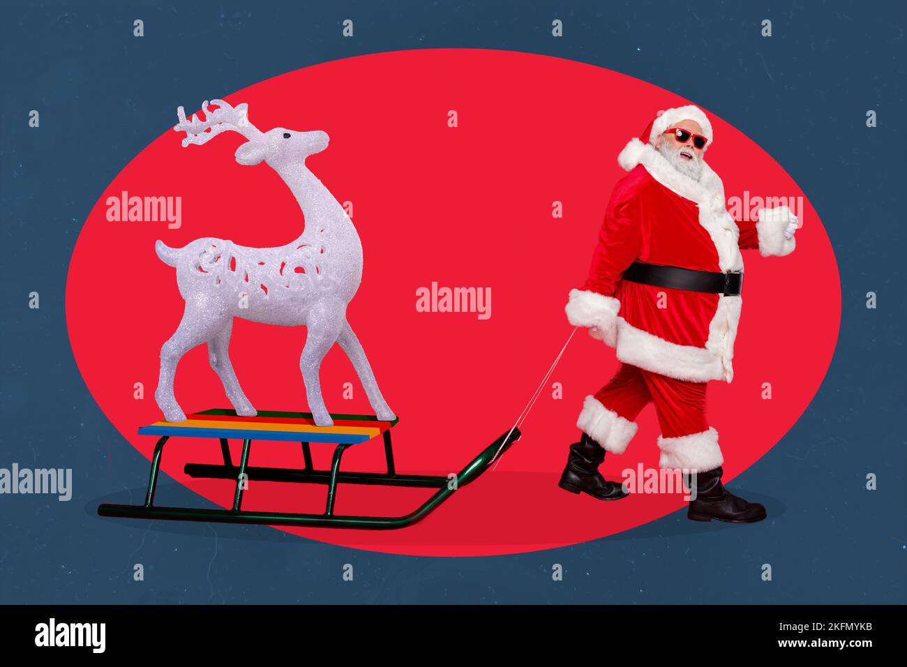 Creative collage picture of funky positive santa claus pull sledge ...