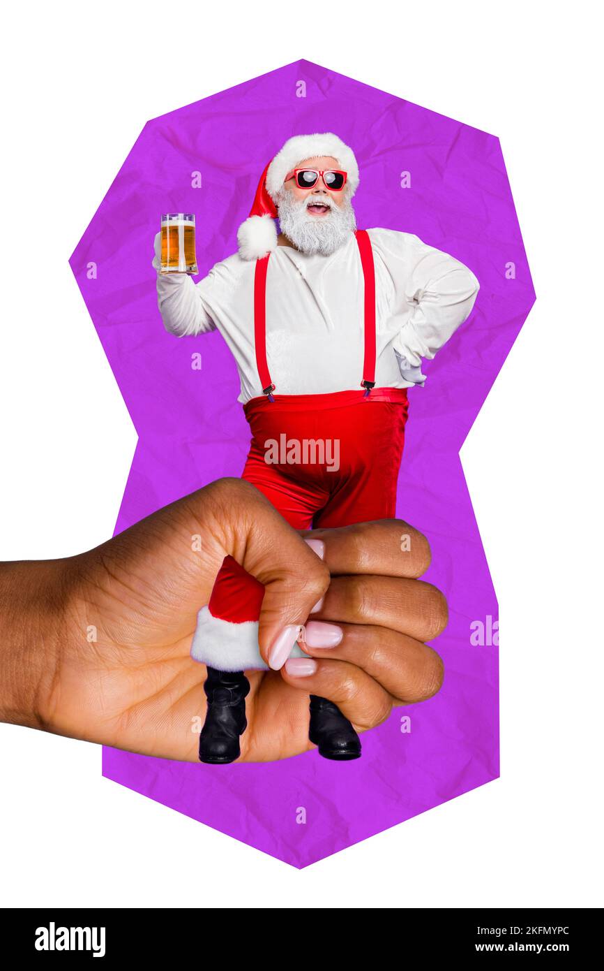 Vertical collage picture of arm hold mini funky positive aged fat santa ...