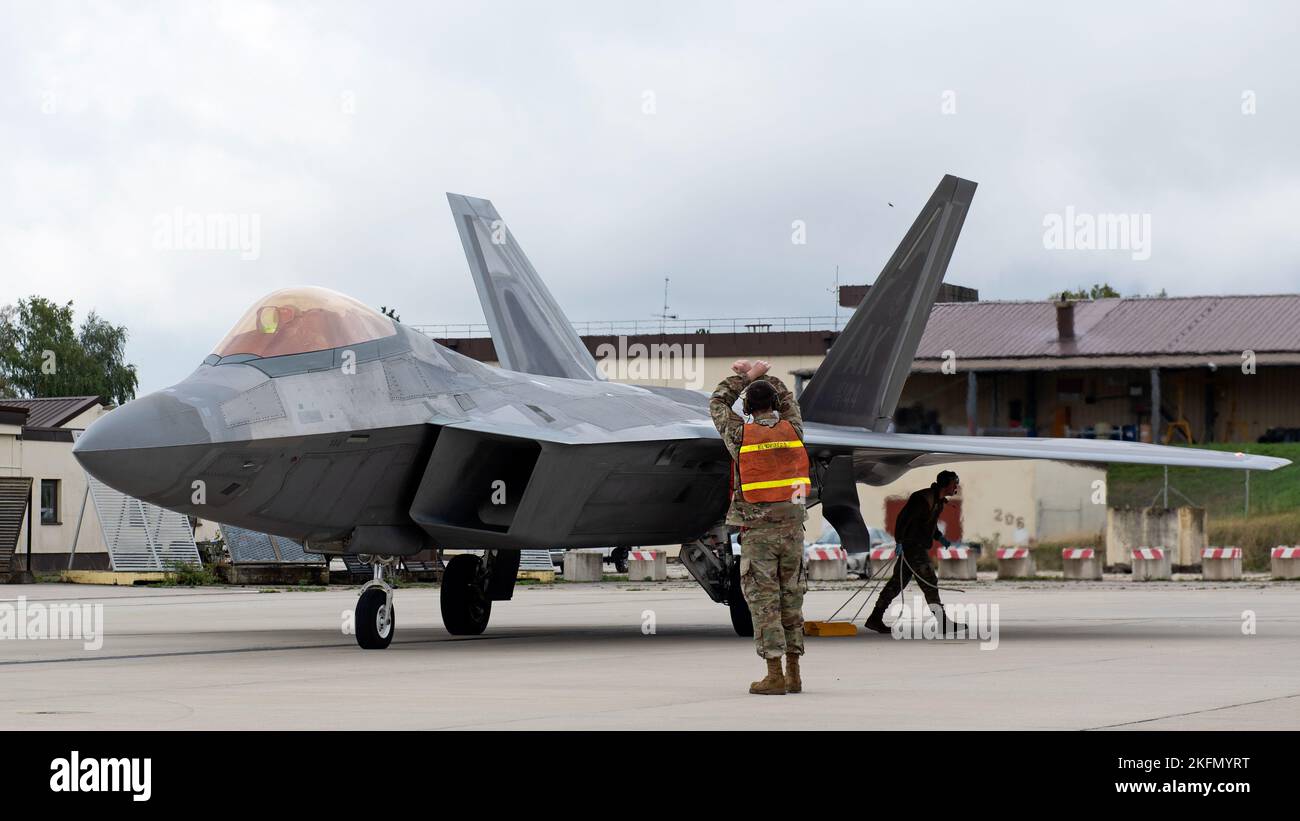 An F-22 Raptor assigned to the 90th Expeditionary Fighter Squadron ...