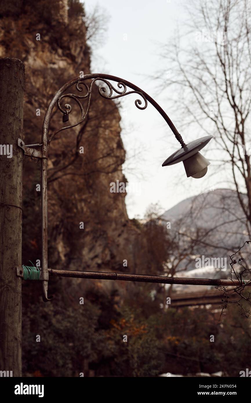 A vertical low-angle sephia of a street lamp in Lucca yellow trees and ...