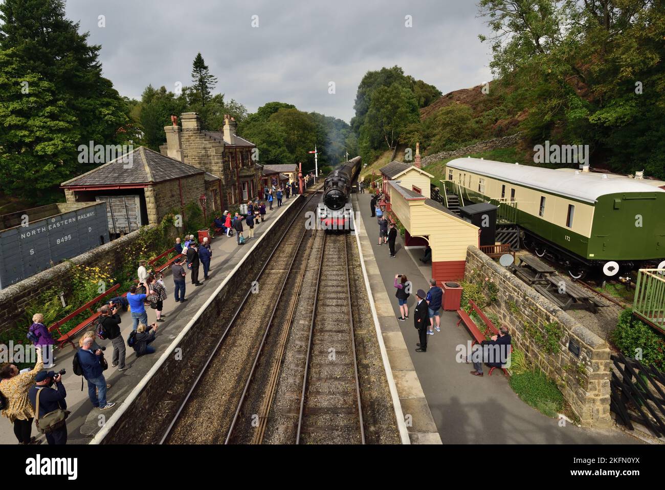 A busy scene at Goathland station, North Yorkshire Moors Railway, as a ...