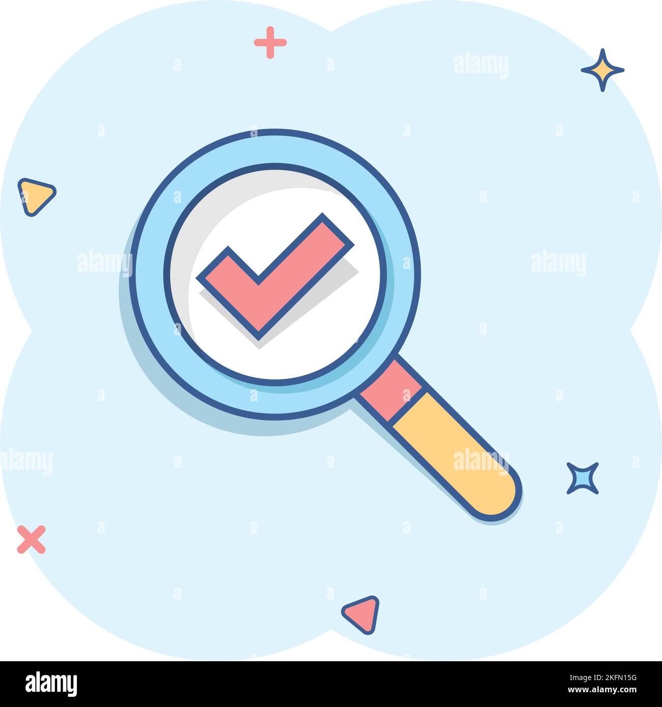 Check mark with magnifying glass icon in comic style. Loupe accept ...
