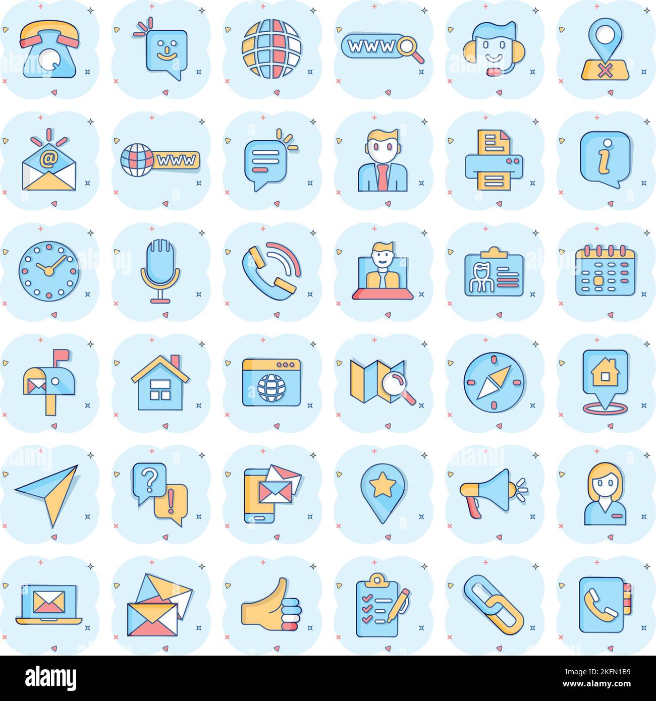 Contact us icon set in comic style. Mobile communication cartoon vector ...