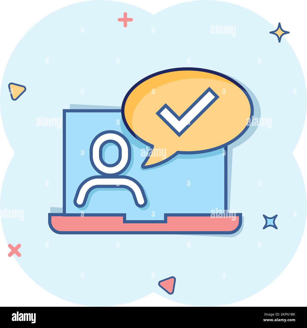 People with laptop computer icon in comic style. Pc user check mark ...