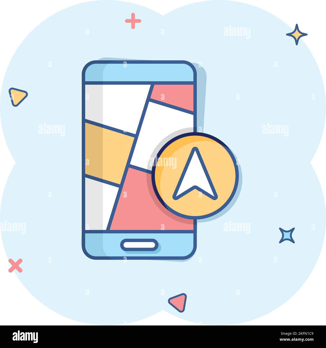 Smartphone map icon in comic style. Mobile phone gps navigation cartoon ...