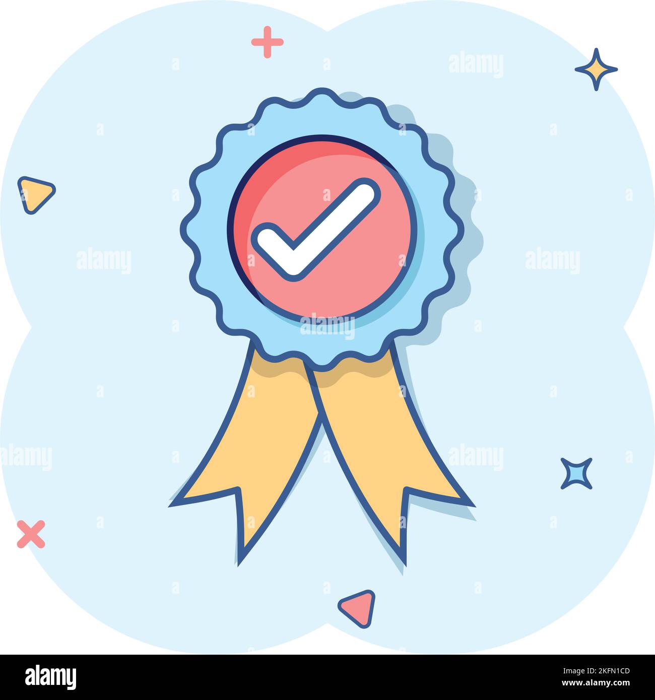 Winner with check mark icon in comic style. Rosette award cartoon ...