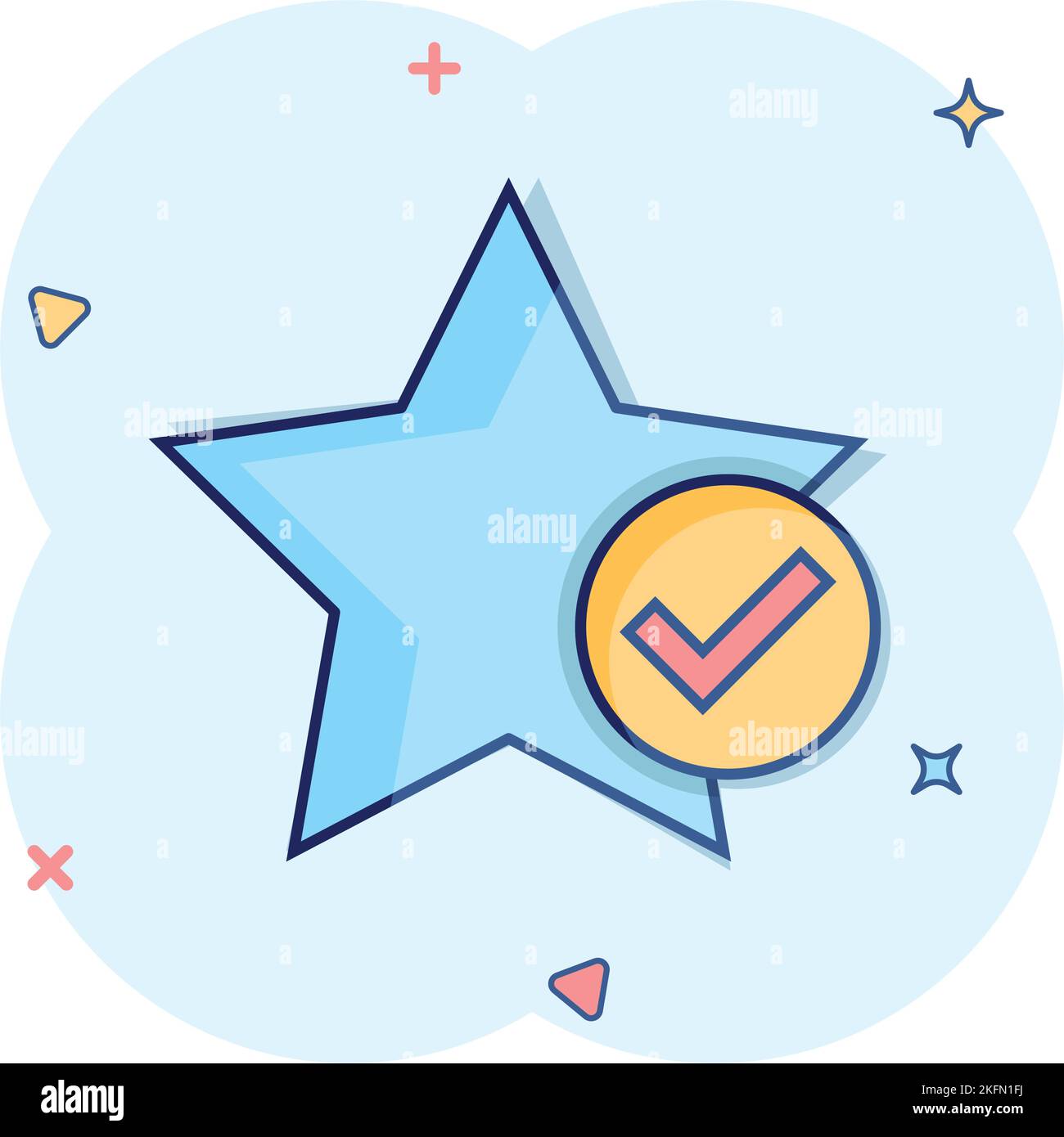 Check mark with star icon in comic style. Add to favorite cartoon ...