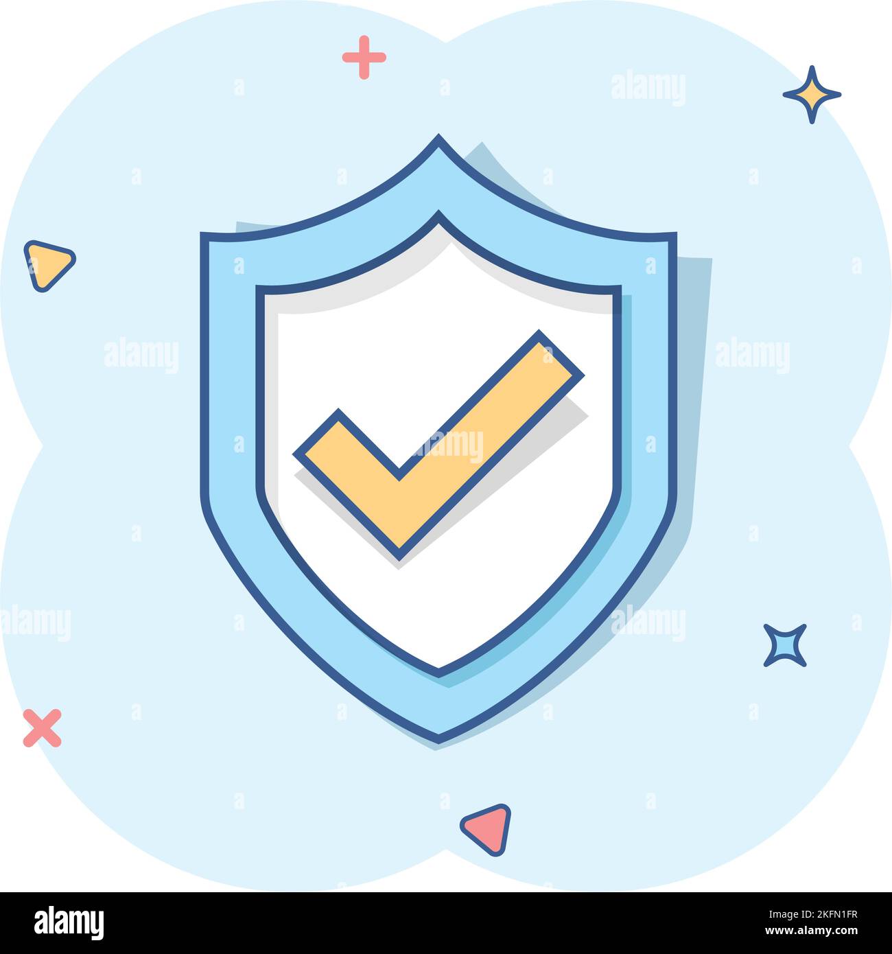 Shield with check mark icon in comic style. Protect cartoon vector ...