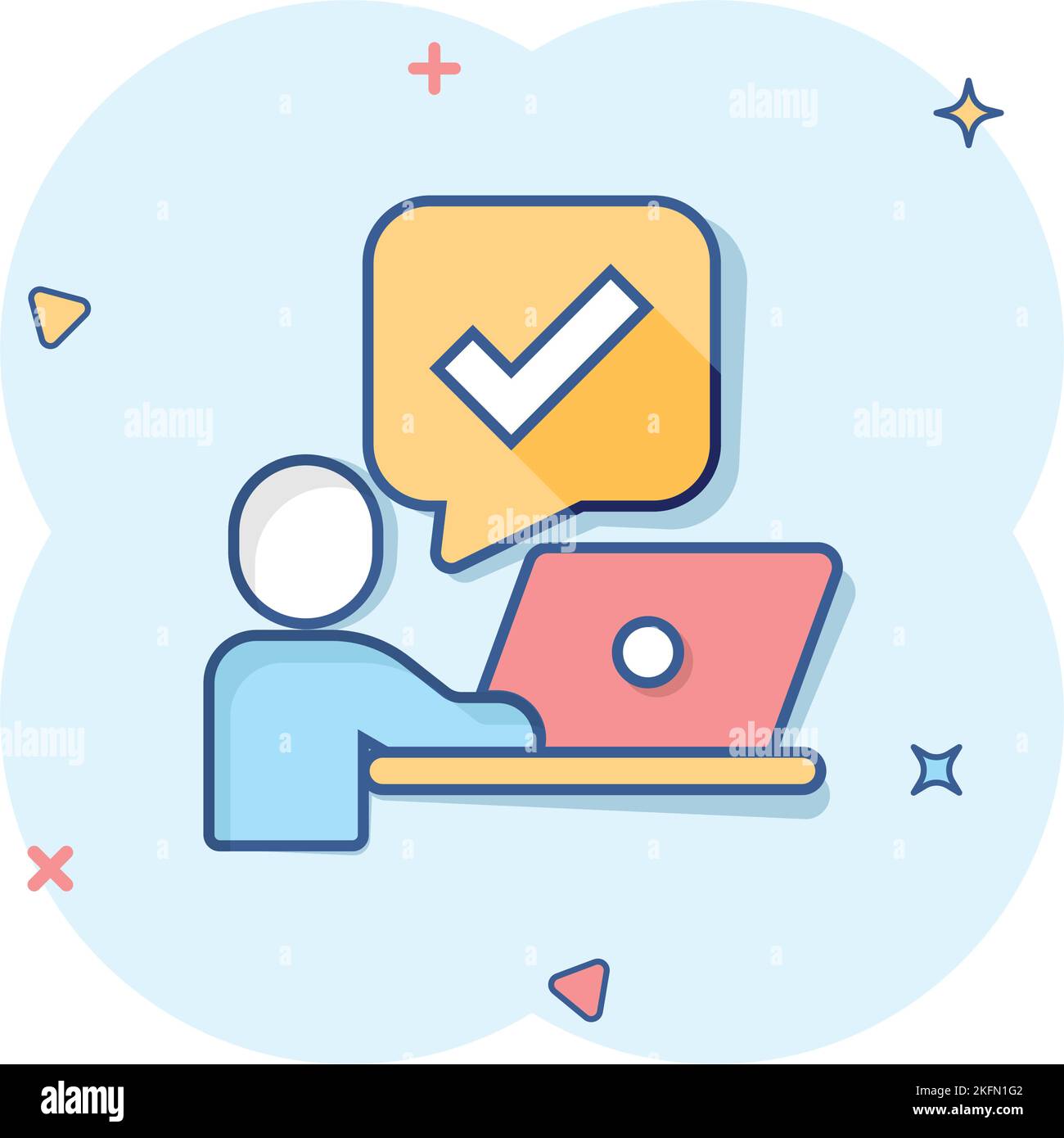 People with laptop computer icon in comic style. Pc user check mark ...