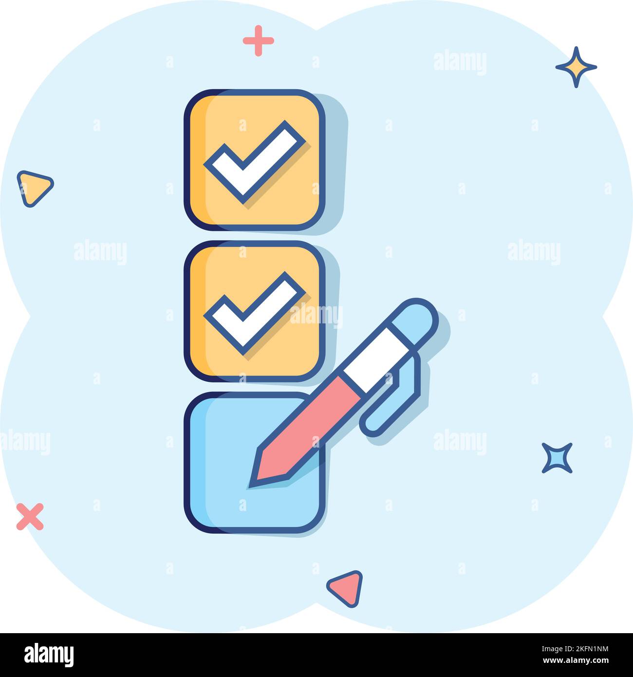 Checklist document icon in comic style. Survey cartoon vector ...