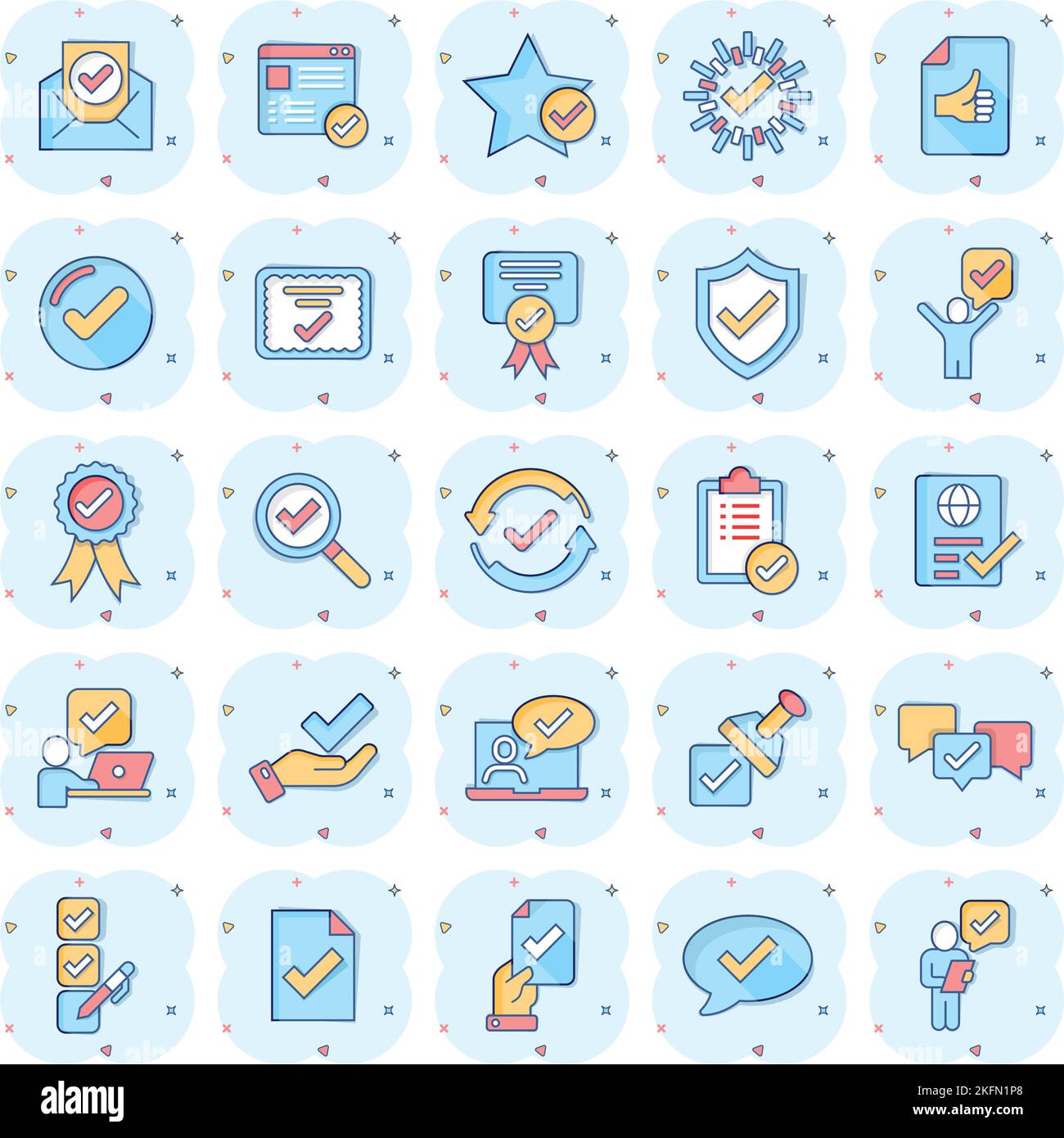 Approve icon set in comic style. Check mark cartoon vector illustration ...