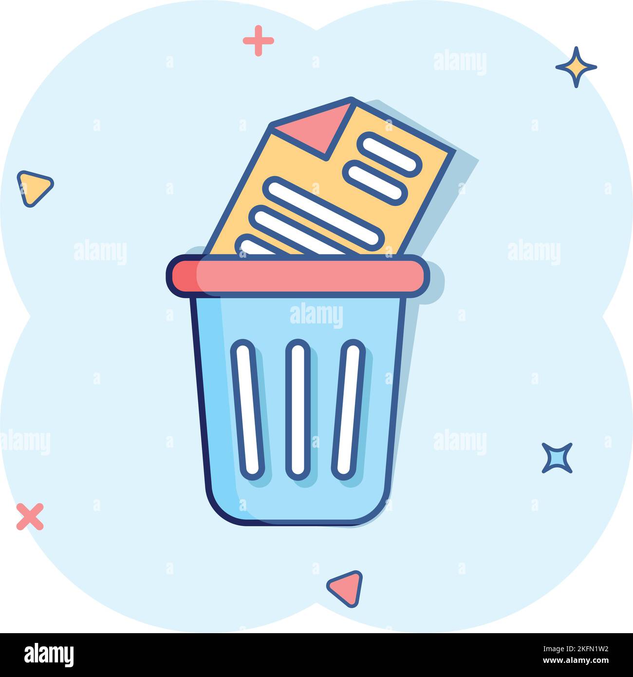 Trash bin with document icon in comic style. Paper recycle cartoon ...