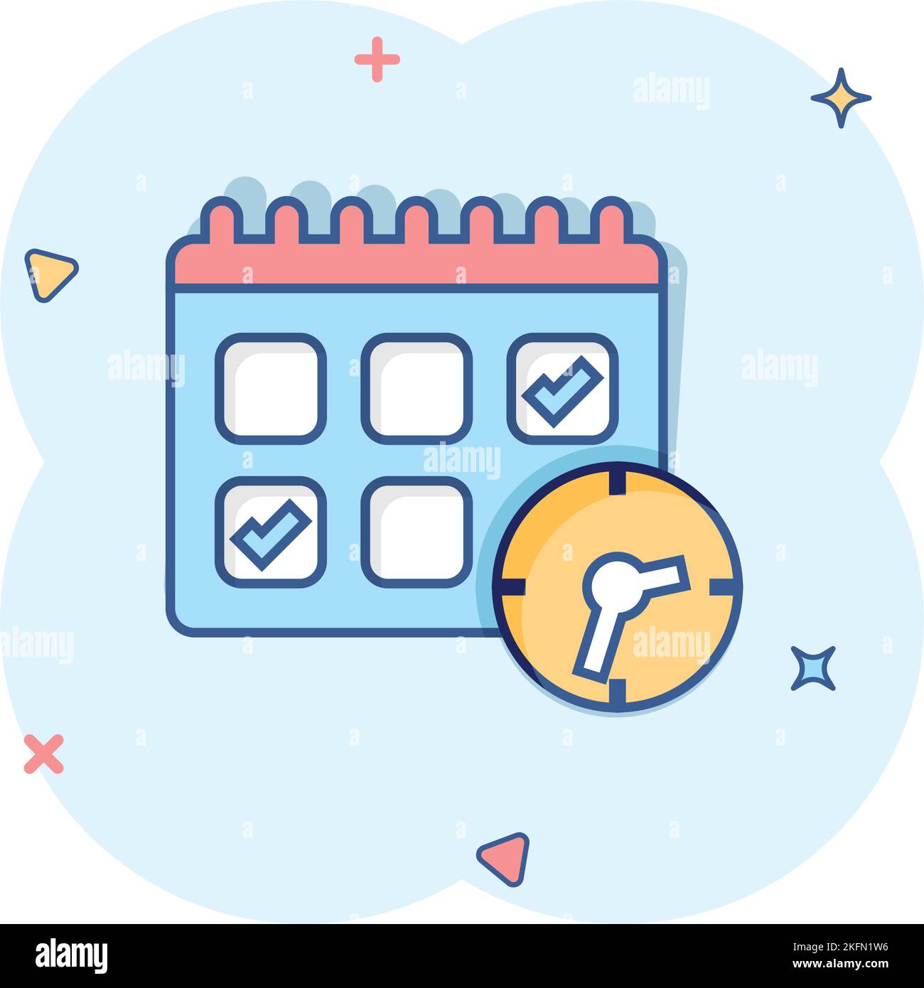 Calendar with clock icon in comic style. Agenda cartoon vector ...