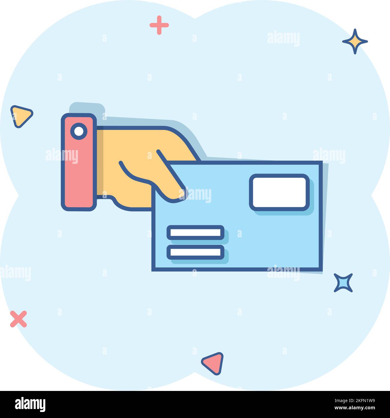 Hand with envelope icon in comic style. Mail letter delivery cartoon ...