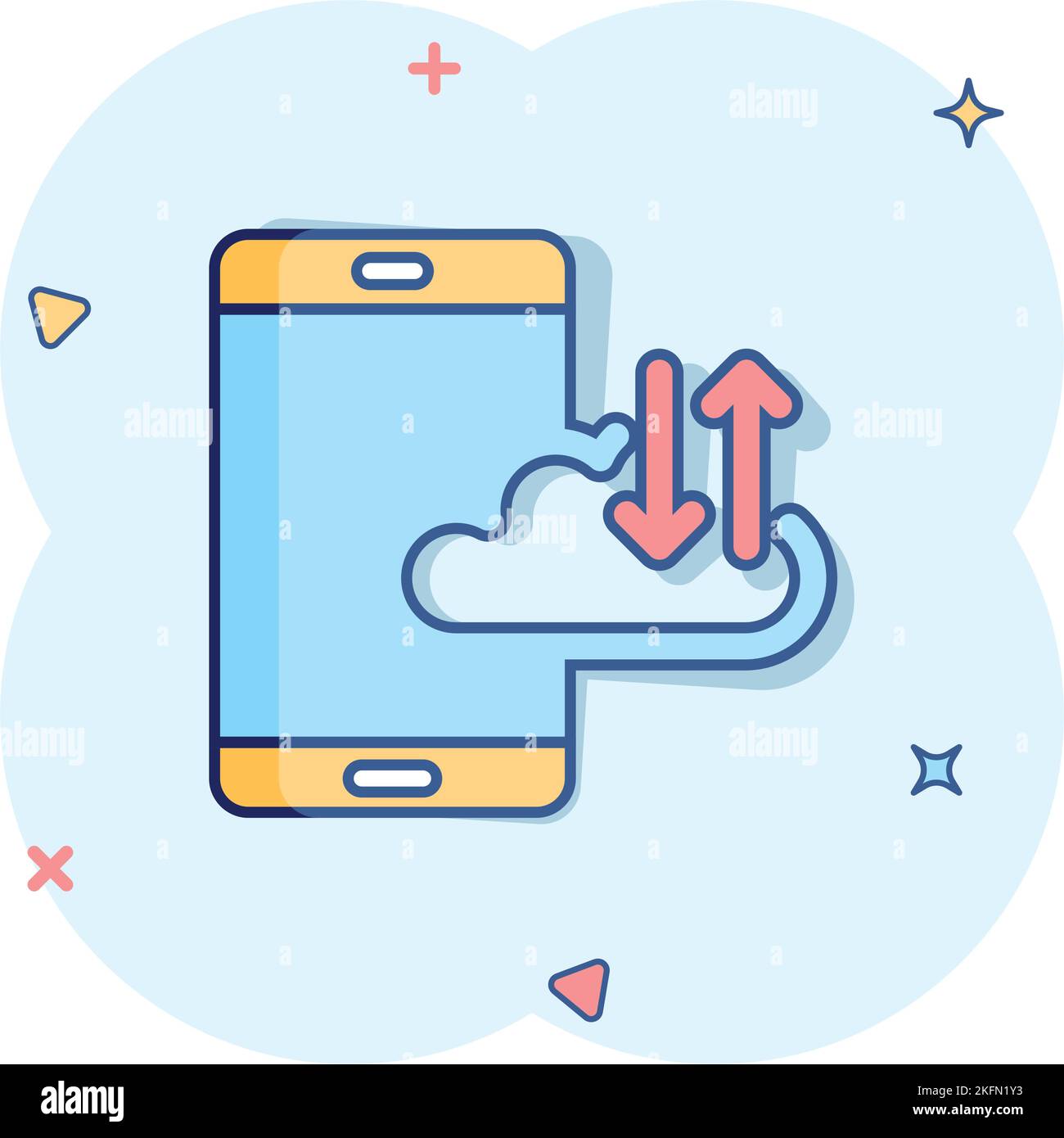 Smartphone with cloud icon in comic style. Phone network storage ...