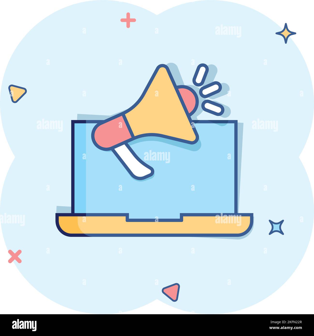 Laptop with megaphone speaker icon in comic style. Notebook bullhorn ...