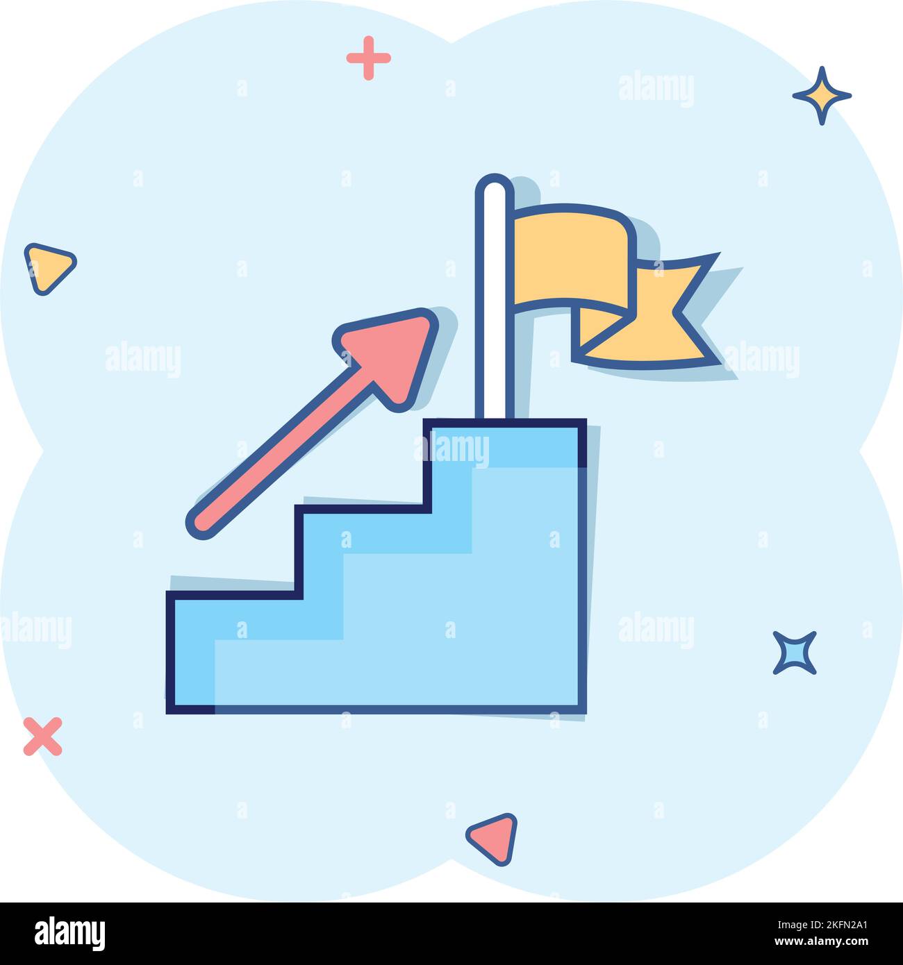 Stair with finish flag icon in comic style. Leadership challenge ...
