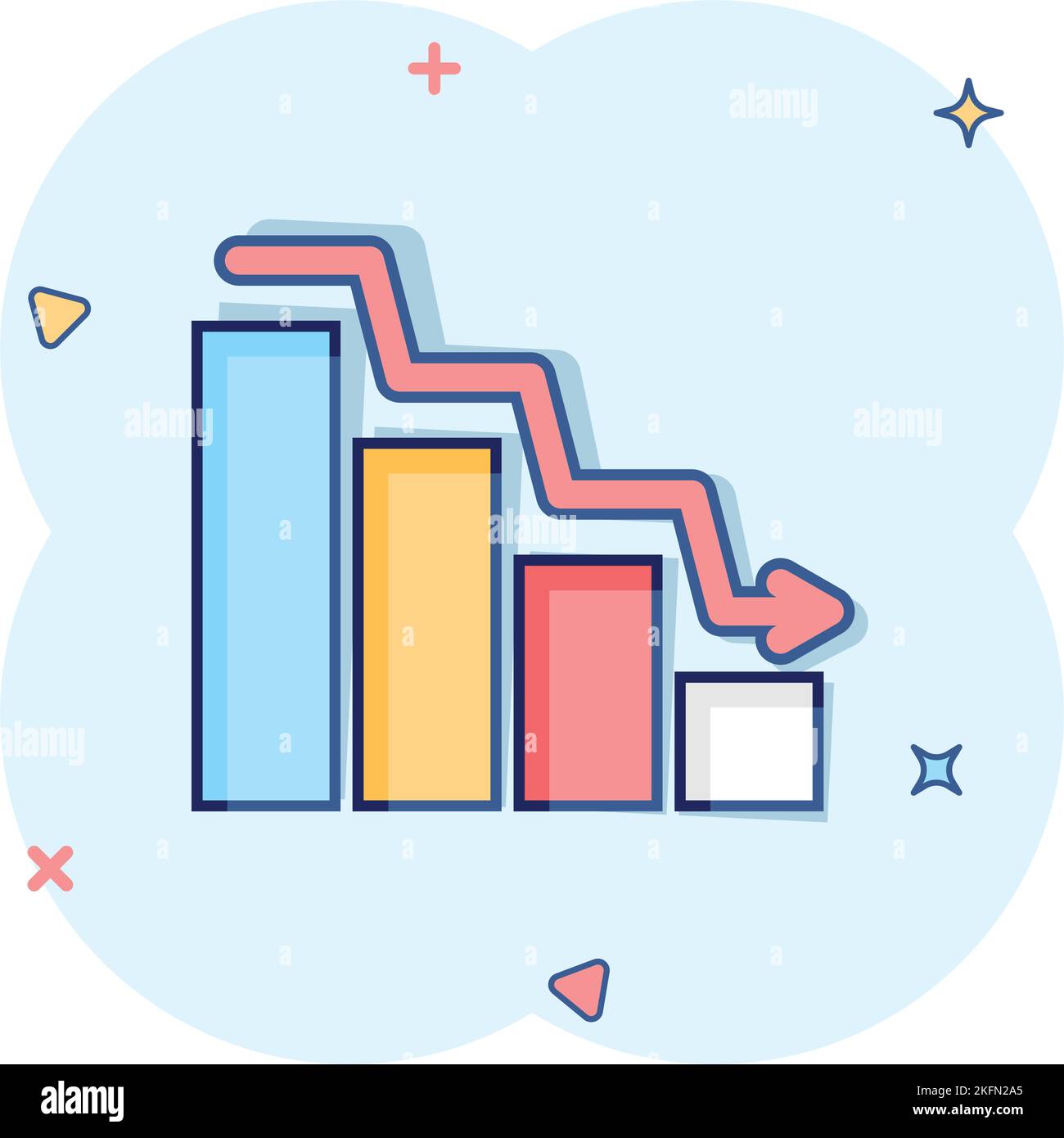 Market trend icon in comic style. Decline arrow with magnifier cartoon vector illustration on ...