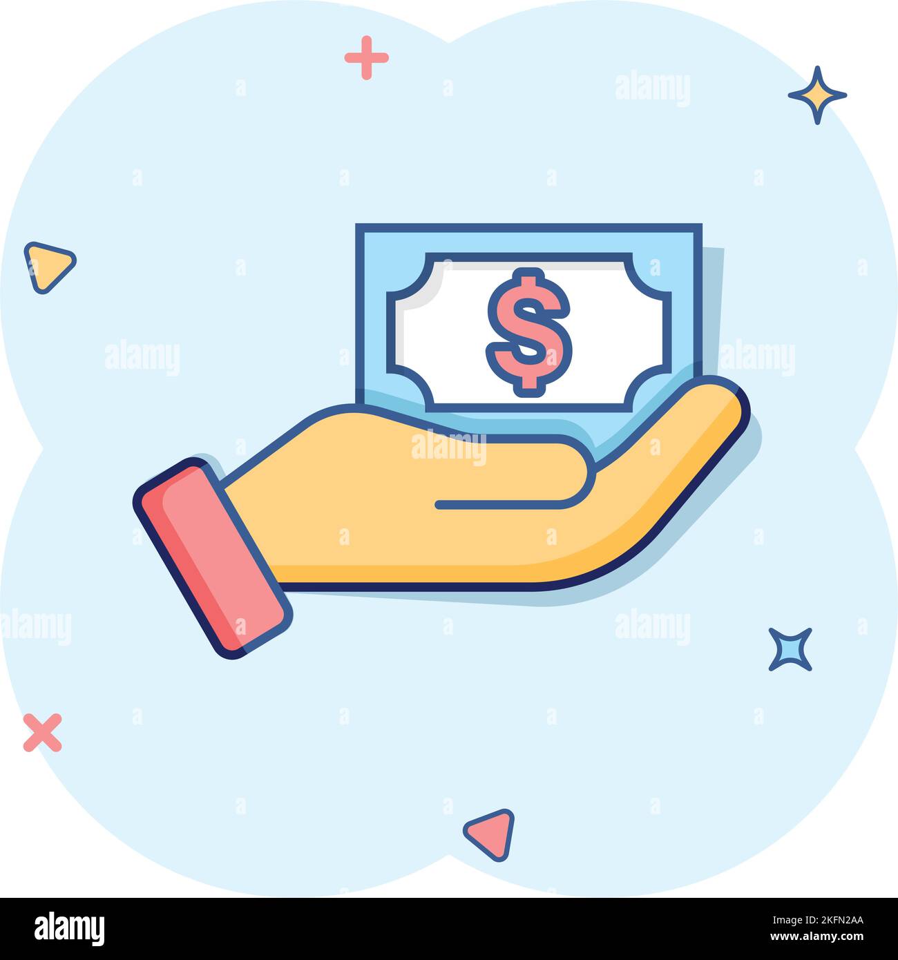 Remuneration icon in comic style. Money in hand cartoon vector ...