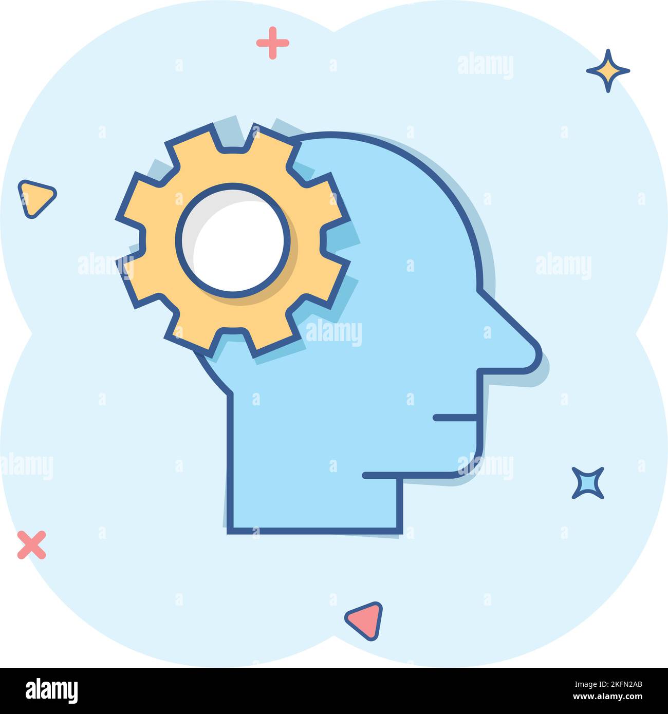Human head with cogwheel icon in comic style. Technology progress ...