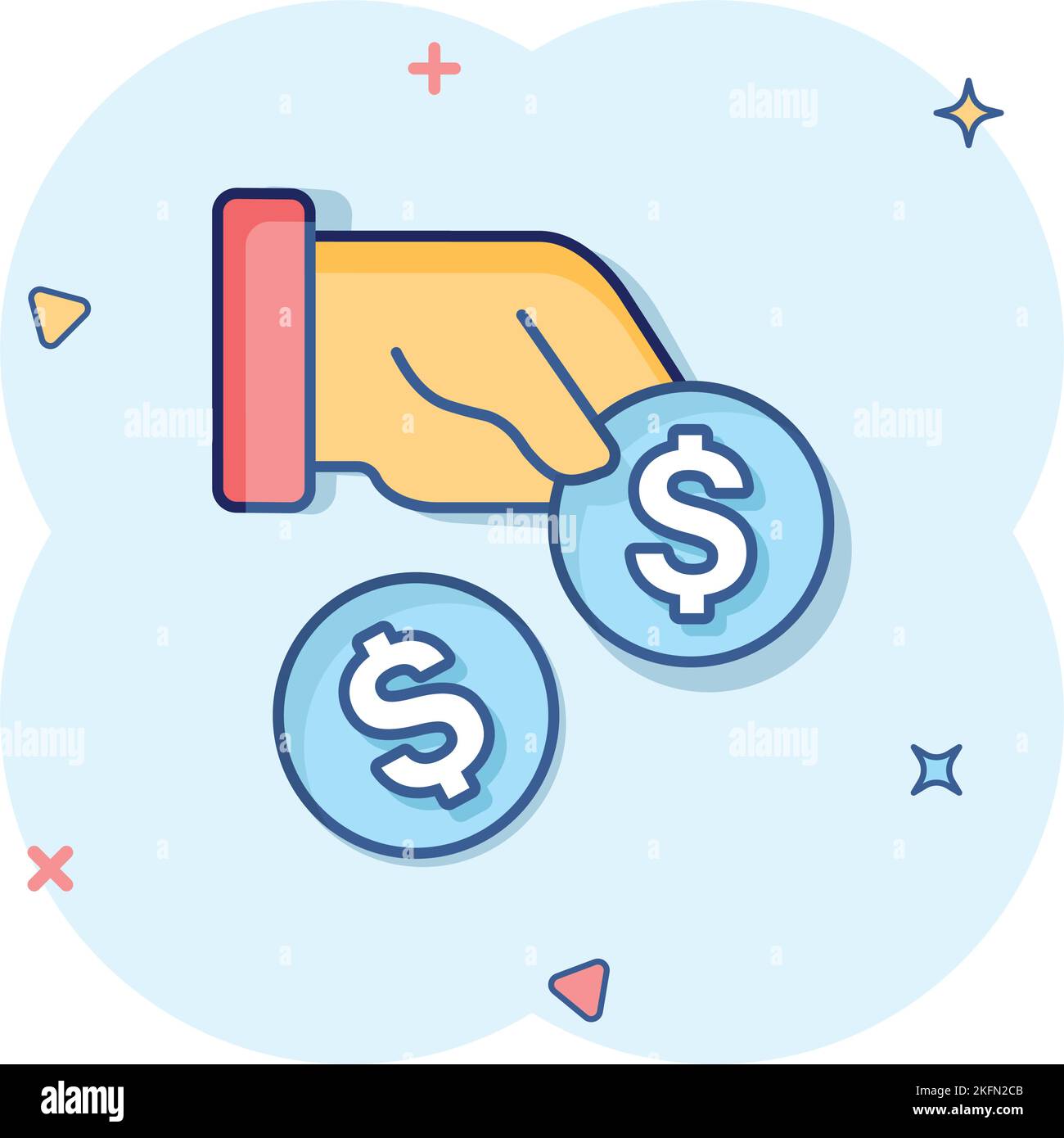 Remuneration icon in comic style. Money in hand cartoon vector ...