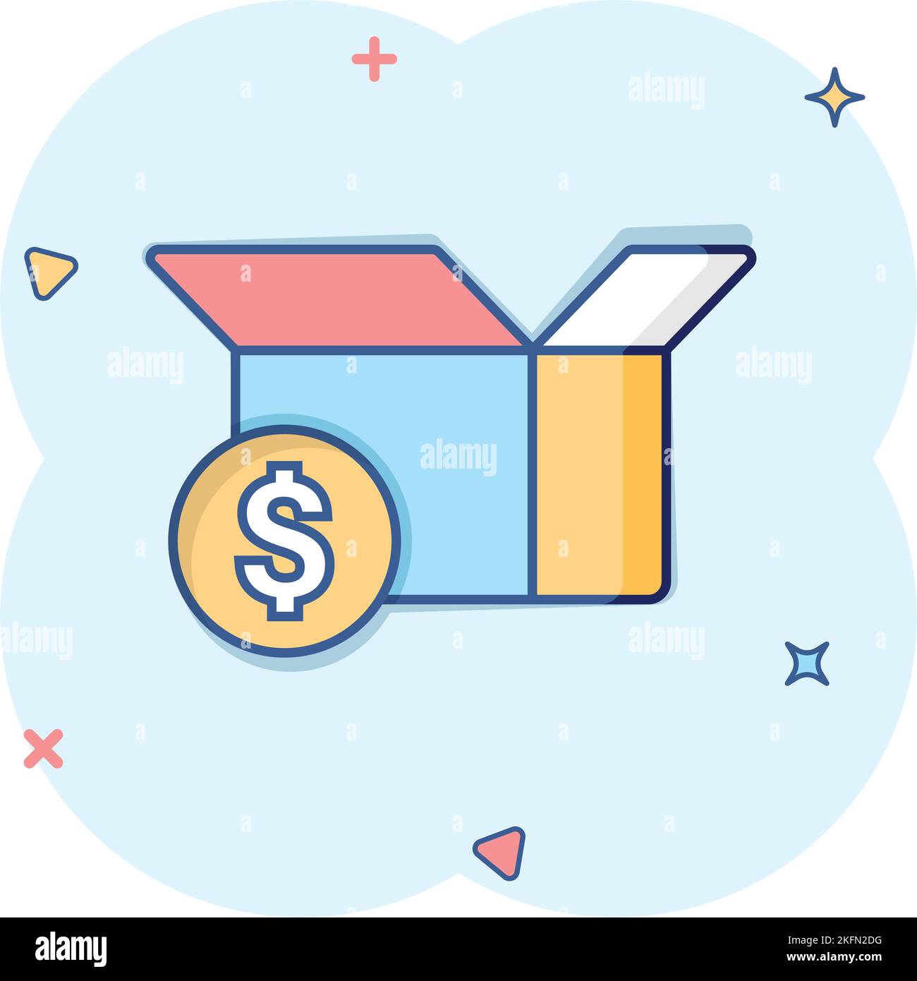 Shipping box with dollar icon in comic style. Container cartoon vector ...