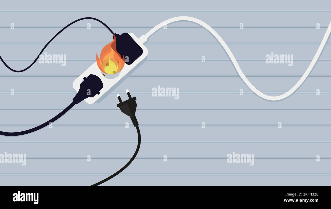 A high angle of a white electric extension with wires plugged on it ...