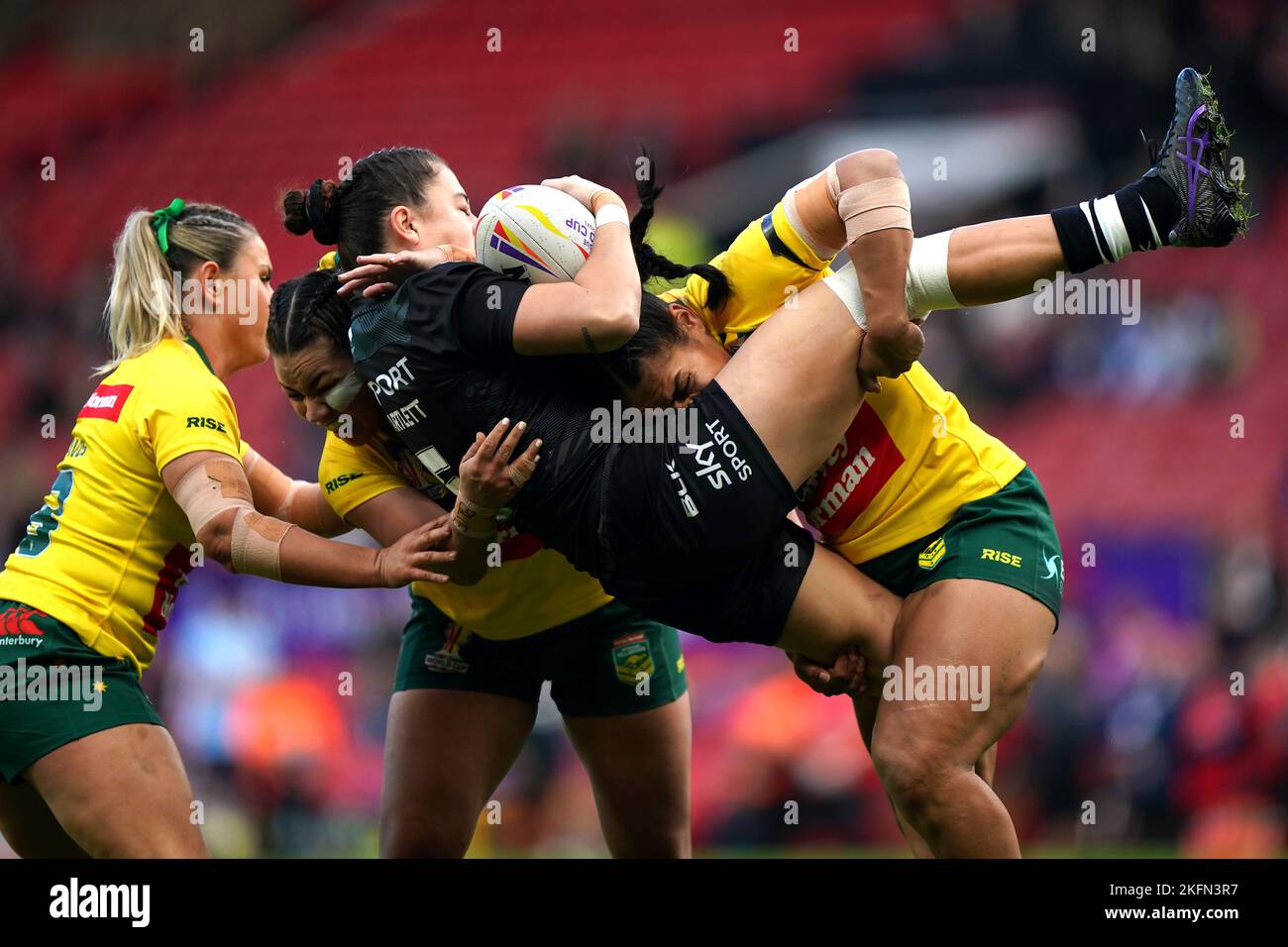 New Zealand's Madison Bartlett is tackled by Australia's Simaima Taufa ...