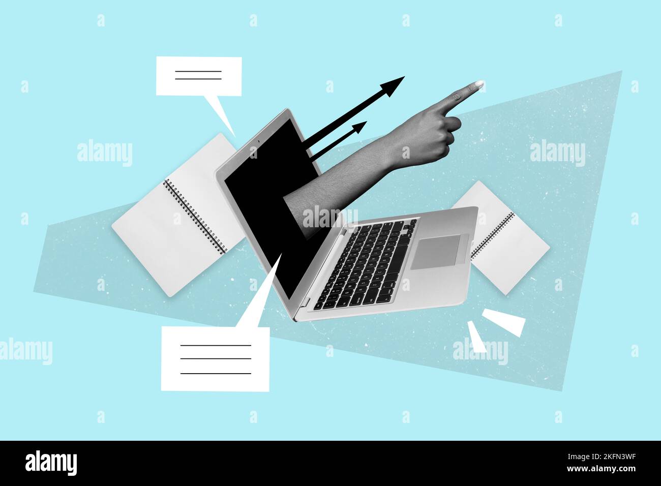 Creative collage illustration of human hand stick netbook display point ...