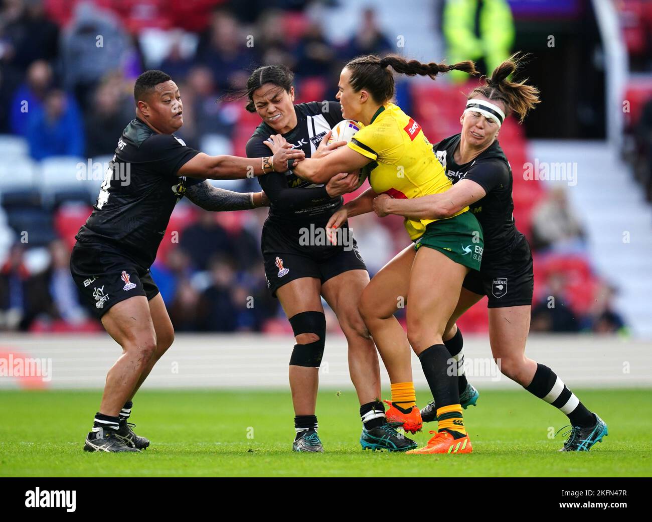 Australia's Isabelle Kelly tackled by New Zealand's Autumn-Rain ...