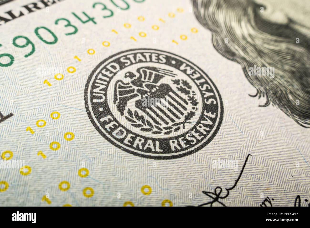 Federal Reserve System logo close-up. US Federal Reserve emblem on ...