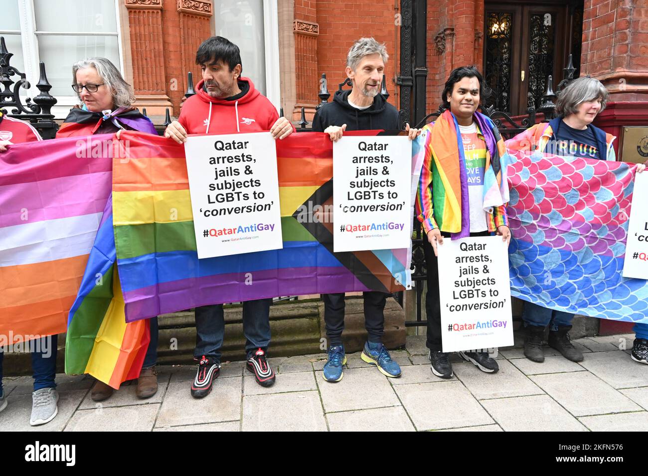 Qatar Embassy London Uk 19th November 2022 Protest Qatar Sexism Homophobia And Racism Stop