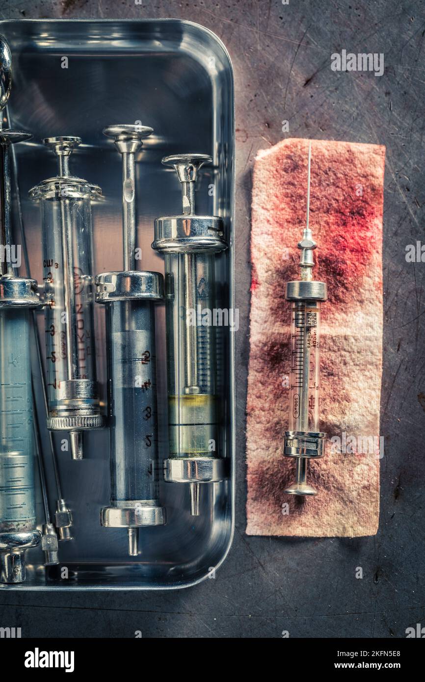 Unsterile and retro needle and syringes contaminated, unusable. Old ...