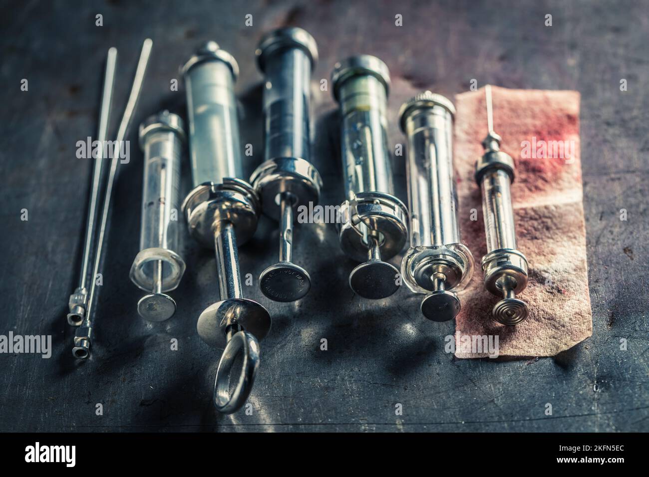 Contaminated and vintage needle and syringes contaminated, unusable ...