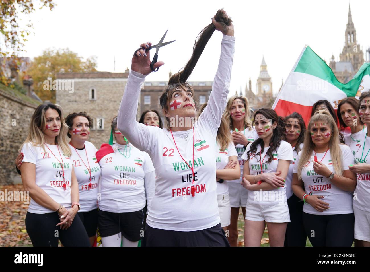 Shirley Elghanian cuts her hair in protest with other British-Iranian ...