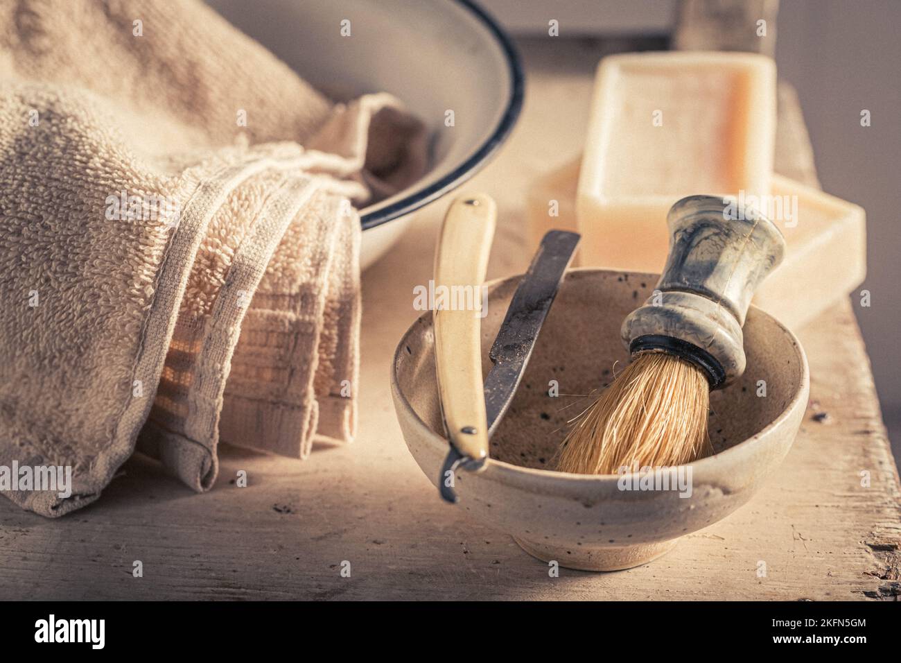 Antique and traditional barber equipment with foam and brush. Classic ...